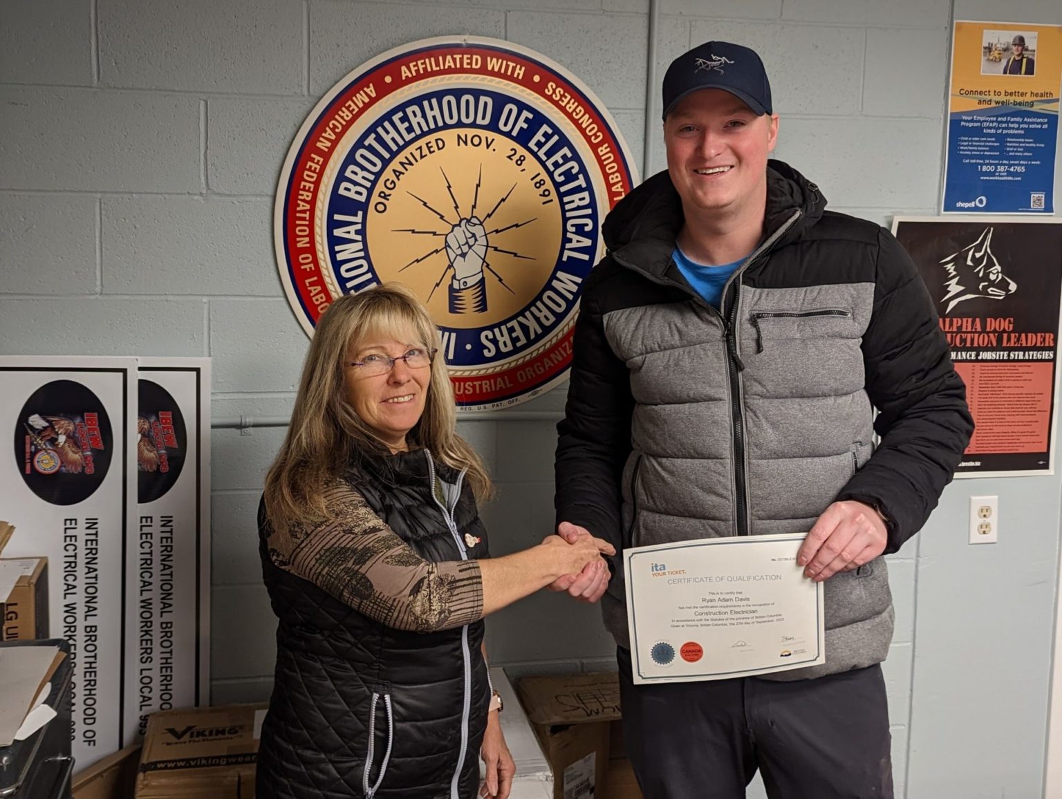 Ryan Davis Receiving his Red Seal - Electrical Workers Local 993